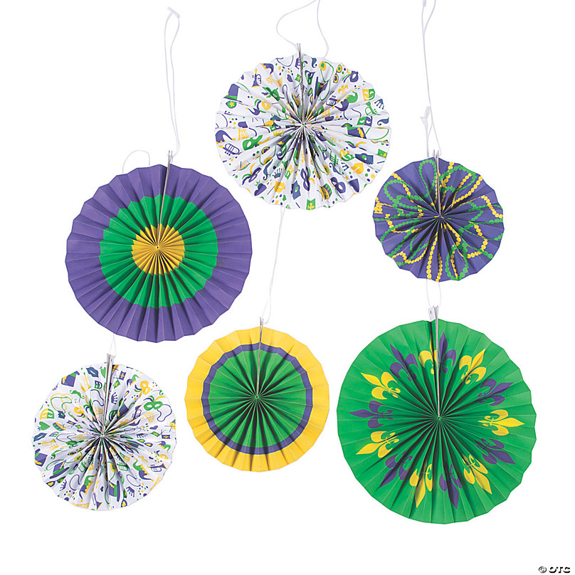 10" - 14" Mardi Gras Hanging Paper Fans - 6 Pc. | Halloween Express