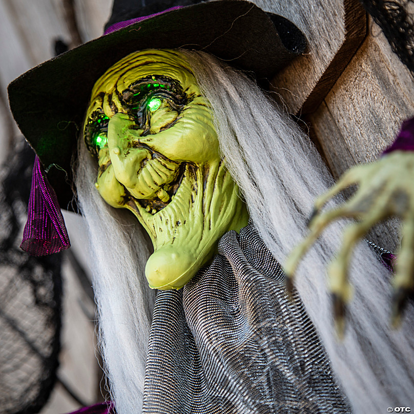 4 Ft. Hanging Animated Witch with Green Eyes Halloween Decoration ...