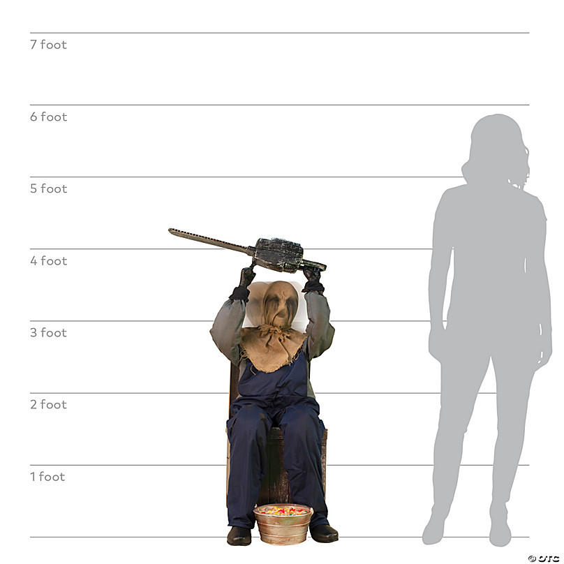 45" Seated Animated Chainsaw Greeter Prop | Halloween Express