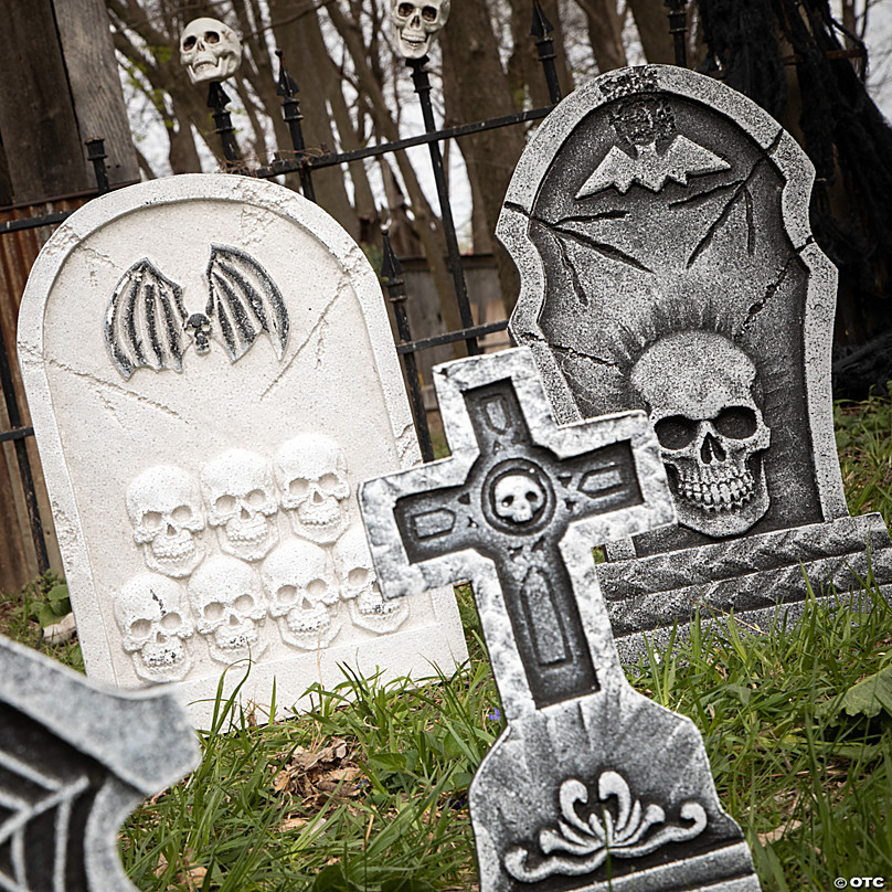 Bat & Skull Foam Tombstone Halloween Decorations Set – 6 Pc ...