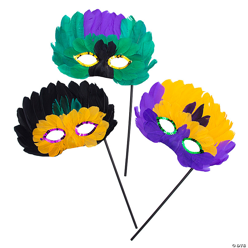 Mardi Gras Feather Mask with Stick- 12 Pc. | Halloween Express