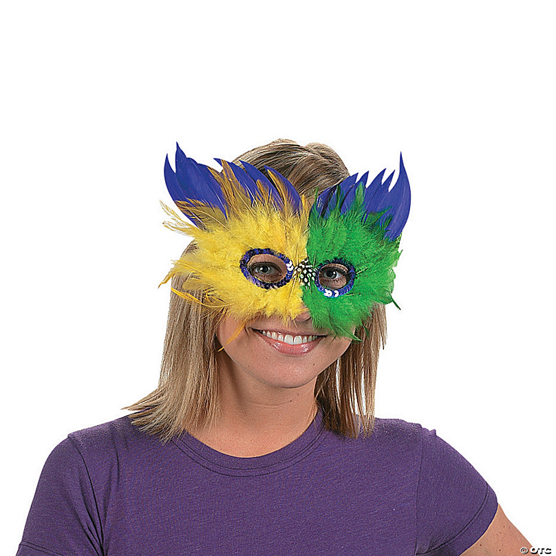 Mardi Gras Two-Tone Feather Half Masks- 12 Pc. | Halloween Express