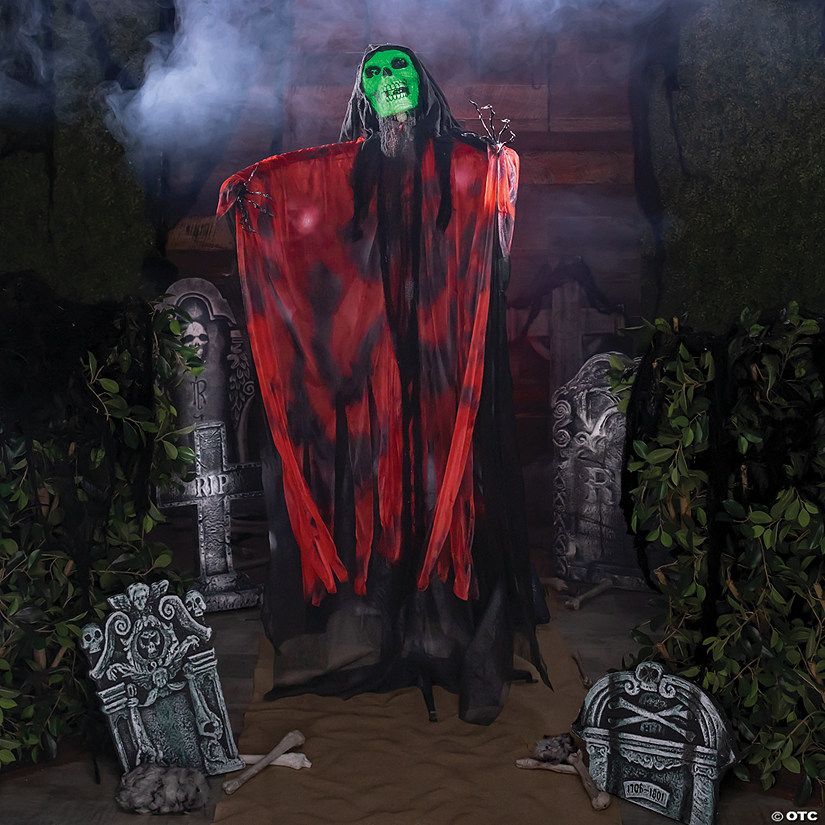6 Ft. Standing Animated Black & Red Skeleton Reaper Halloween ...