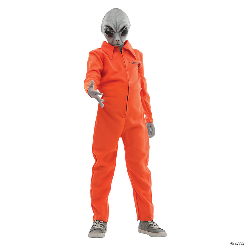 Kids Area 51 Orange Jumpsuit Costume with Alien Latex Mask - 8-10