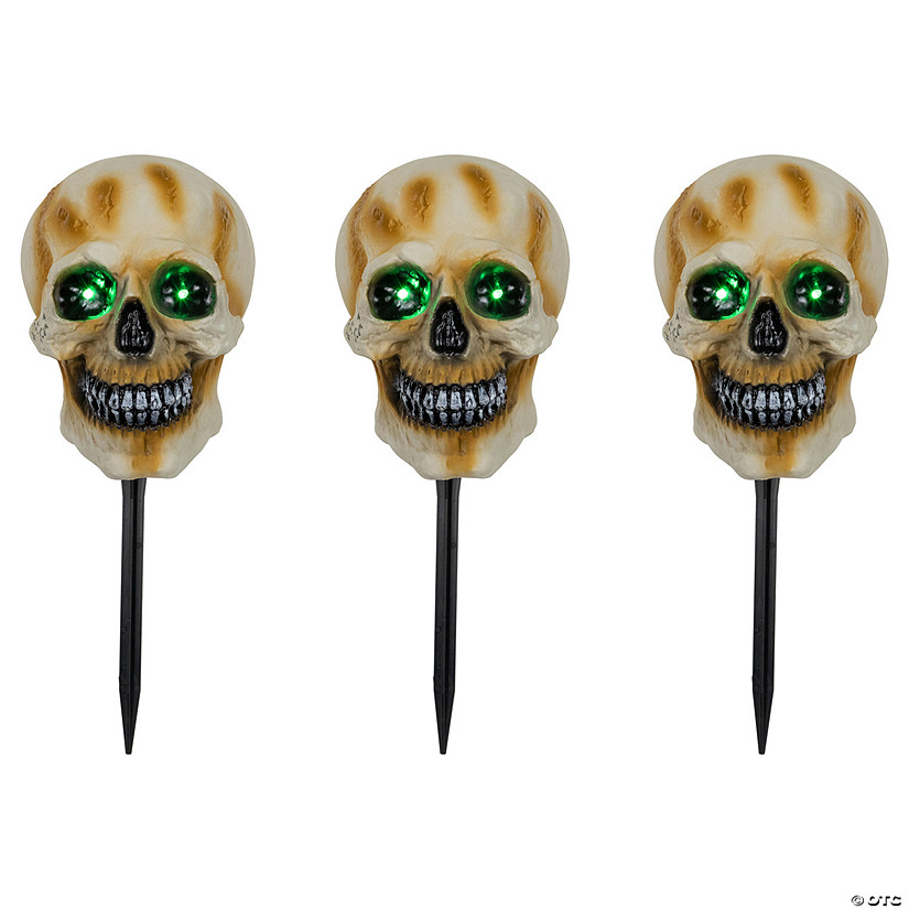 Set of 3 Lighted Skeleton Head Halloween Pathway Markers with Sound ...