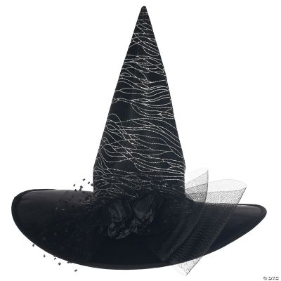 Adults Deluxe Black Witch Hat with Silver Glitter & Tulle | Halloween ...